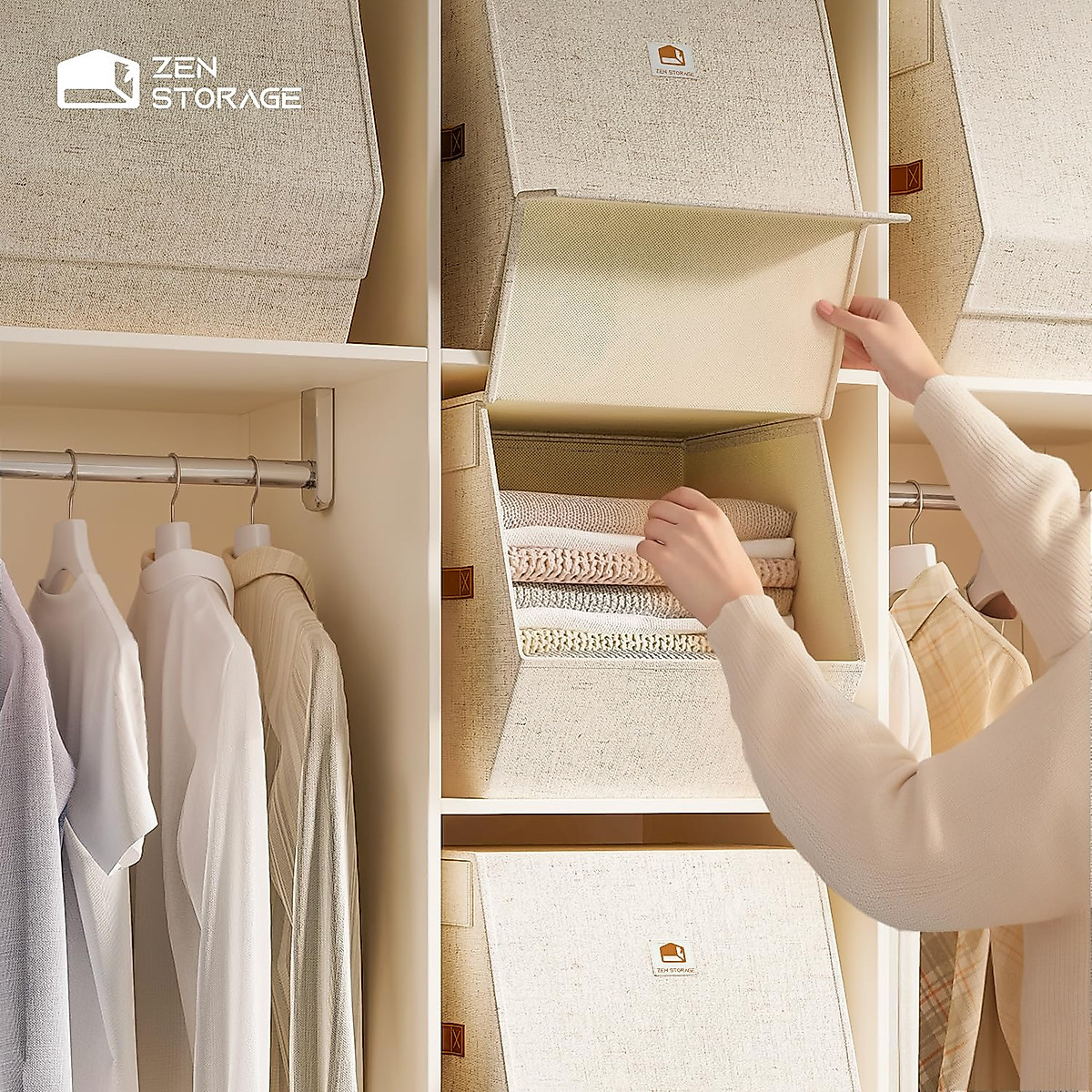 Linen Fabric Storage Bin with Magnetic Closures, Kid Toy Organizer and Storage with Removable Divider, Foldable Storage Bin for Clothes, Towels,Toys, Snacks, Gaming Accessories, Beige, 2Pack