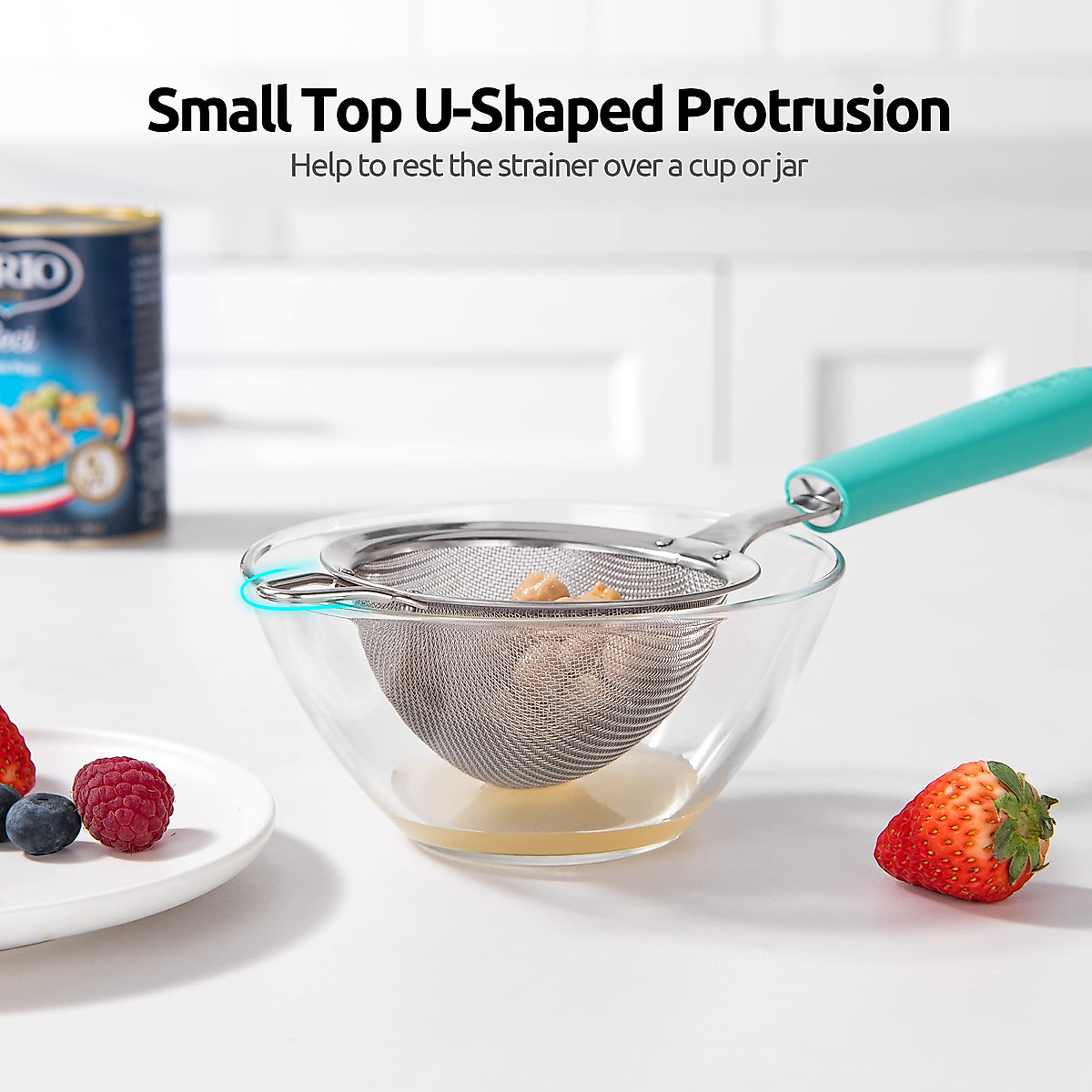 18/8 Stainless Steel Mesh Strainer: U-Taste 3.9 Inch Kitchen Fine Mesh Sieve Food Colander with Riveted Sturdy Silicone Handle and 30 Mesh Hole for Straining Flour, Quinoa, Tea, Juice (Aqua Sky)