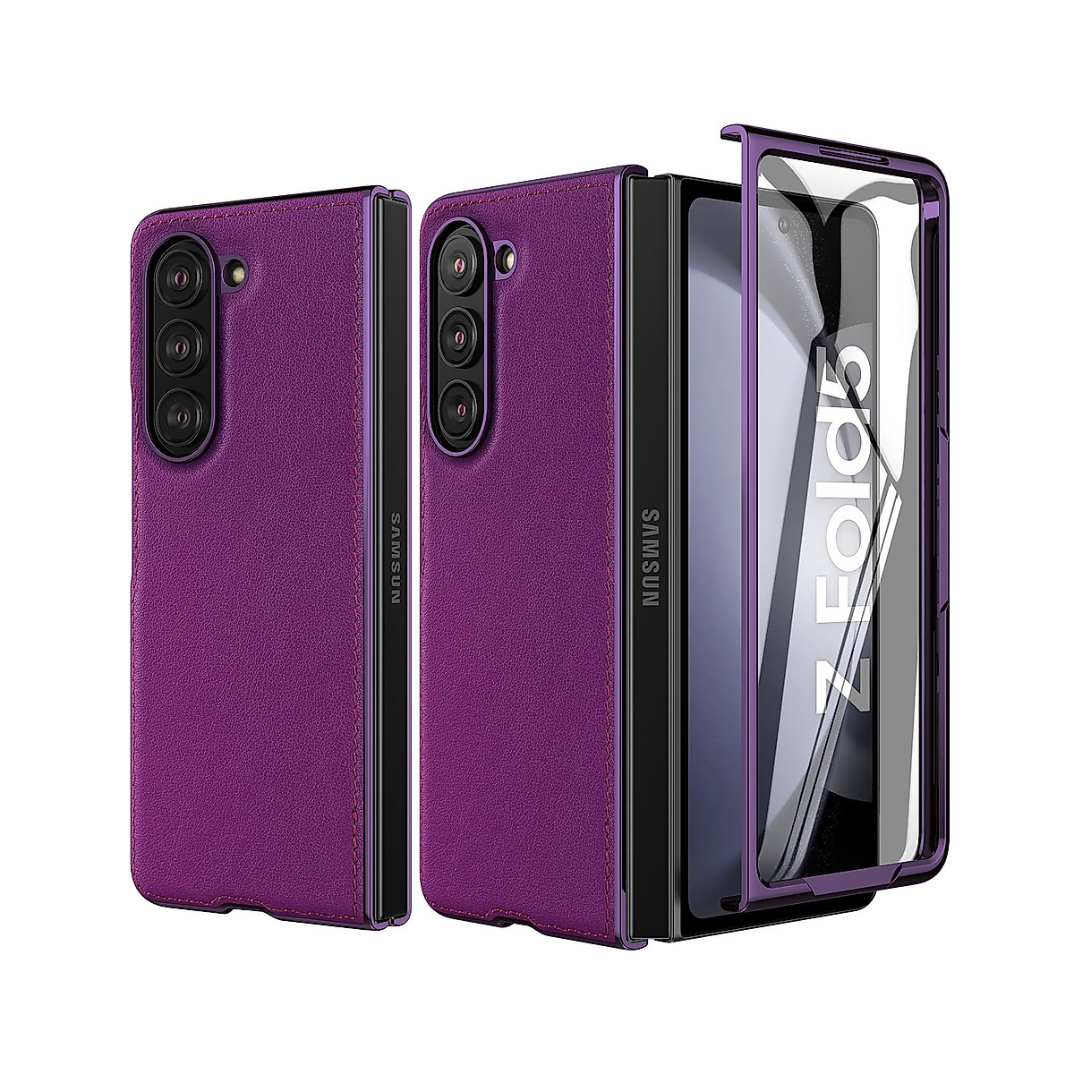 Feitenn for Samsung Z Fold 5 Case, Z Fold 5 Genuine Leather Back Case Slim Hard PC Bling Shockproof Case with Front Tempered Glass Screen Protector Film for Samsung Z Fold 5 2023 (Purple)