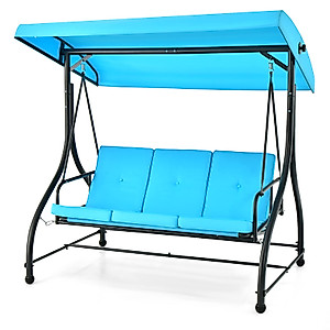 Tangkula 3 Person Porch Swing, 2-in-1 Convertible Patio Swing Bed with Removable Cushions, Solid Steel Structure, Outdoor Swing with Adjustable Canopy for Backyard, Balcony, Poolside (Turquoise)
