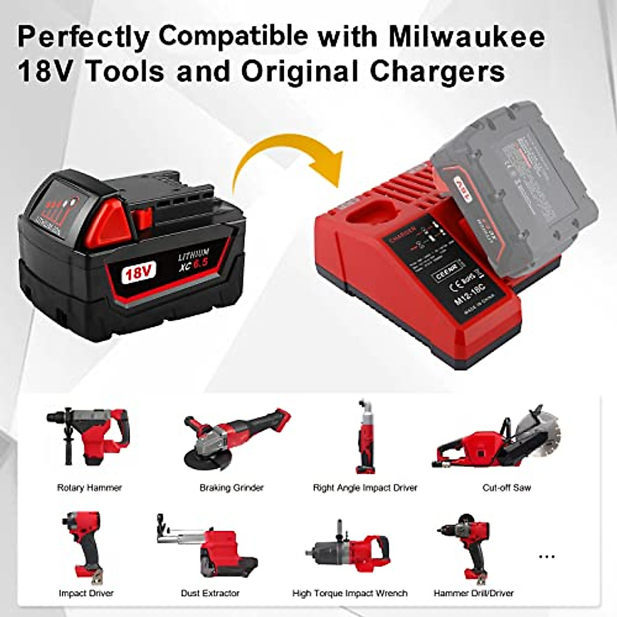 CEENR 2Pack 6500mAh 18V Battery and Charger Replacement for Milwaukee M 18 18 Volt Li-ion Compatible with Milwaukee Baterias Charger Combo 48-11-1840, 48-11-1811, 48-11-1820, 48-11-1822, 48-11-1828