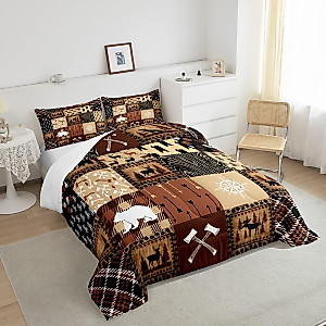 Bear Comforter Set Cute Elk Print Bedding Set for Teens Farmhouse Wild Animals Style Bedding Set Plaid Grid Geocmetric Brown Black Duvet Set Room Decor 2Pcs with 1 Pillow Case Twin Size