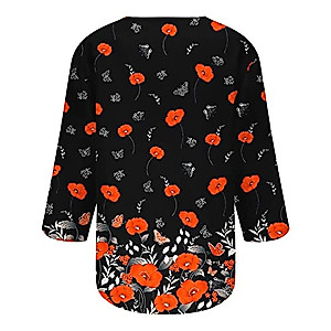 Women Floral Graphic Print Tee Top V-Neck Button 3/4 Sleeve Blouse Tops Comfy Casual Blouses T Shirts Summer 2023