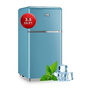 WANAI Compact Refrigerator 3.5 Cu.Ft Retro Mini Fridge with Freezer Dual Door Small Refrigerator with Adjustable Temperature，LED Lights, Removable Shelves, Mini Refrigerator for Dorm, Office, Bedroom