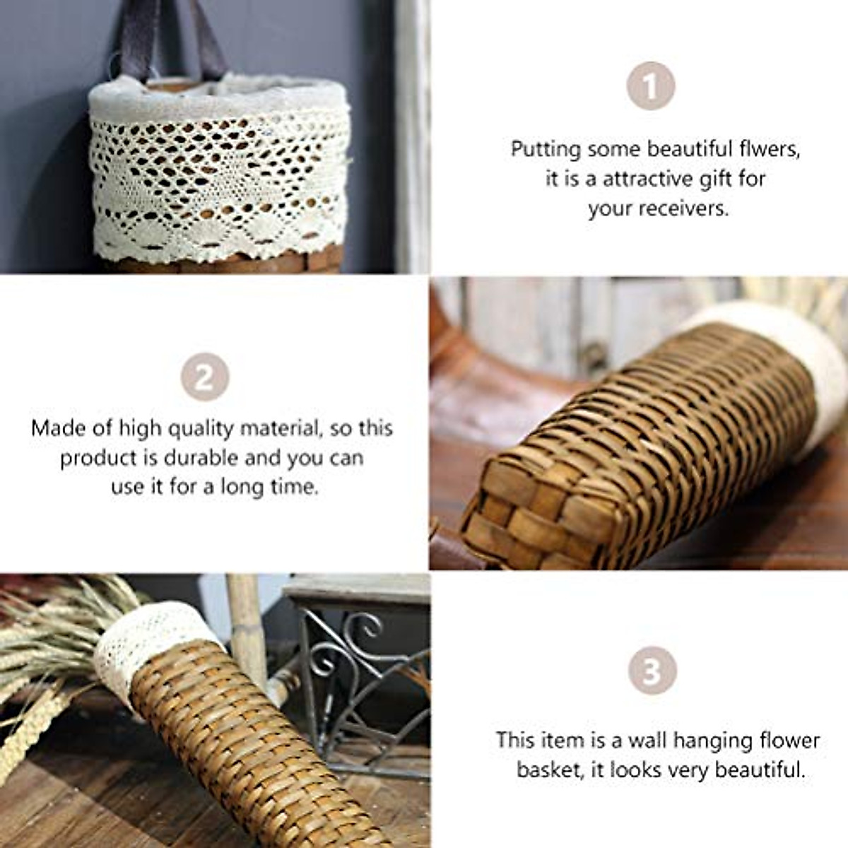 Cabilock Woven Hanging Basket Wicker Rustic Handmade Long Storage Basket Plant Hanger with Lace Trim for Indoor Plants Home Wall Decor (Khaki)