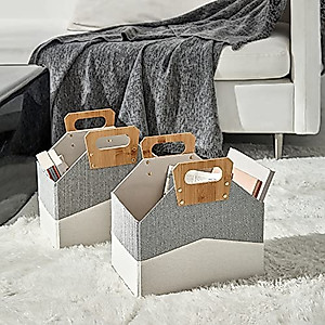 LA JOLIE MUSE Modern Magazine Rack Basket, Urban Style Book Holder Floor, Chic Tweed Fabric Storage Organizer with Bamboo Handles, Light Gray & White Color
