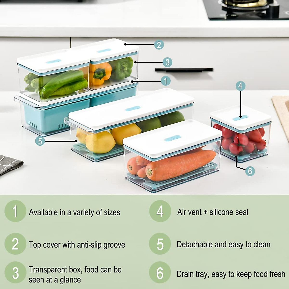 Lille Home Stackable Produce Saver, Organizer Bins/Storage Containers with Removable Drain Tray, Set of Six, for Refrigerators, Cabinets, Countertops and Pantry, BPA Free (Blue,Set of Six)