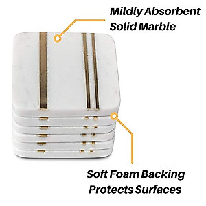 Cork & Mill Marble Coasters for Drinks - Set of 6 Handcrafted Modern Coasters - White Drink Coasters with Gold Brass Inlay - Made from Real Solid Marble