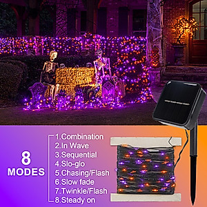 kemooie 2 Pack Total 200 LED Solar Halloween Lights, 8 Twinkle Modes Upgraded Solar Powered Fairy Lights, for Outdoor, Garden, Balcony Party Halloween Decorations (Purple and Orange)