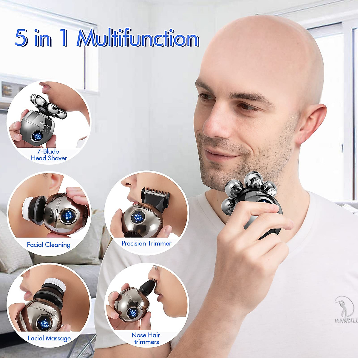 7D Electric Razor for Men,5-in-1 Bald Head Shaver Cordless LED Mens Electric Shavers IPX7 Waterproof Wet Dry Rotary Shaver Head Shavers for Bald Men with Beard Clippers Nose Trimmer