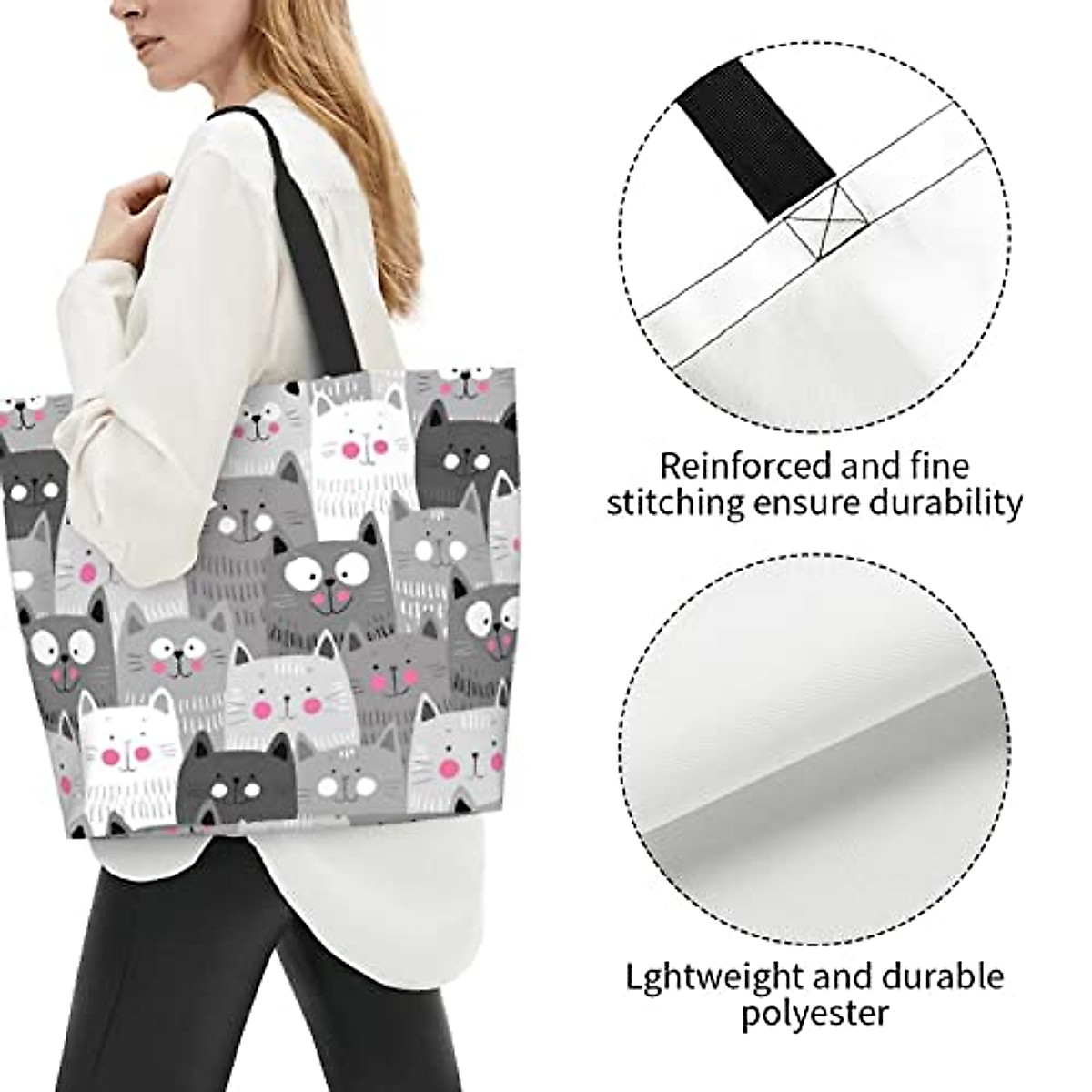 Osvbs Cute Cats Women's Large Tote Shoulder Bag Funny Cat Top Storage Handle Shopping Bag Casual Reusable Gym Bag for Beach, Travel