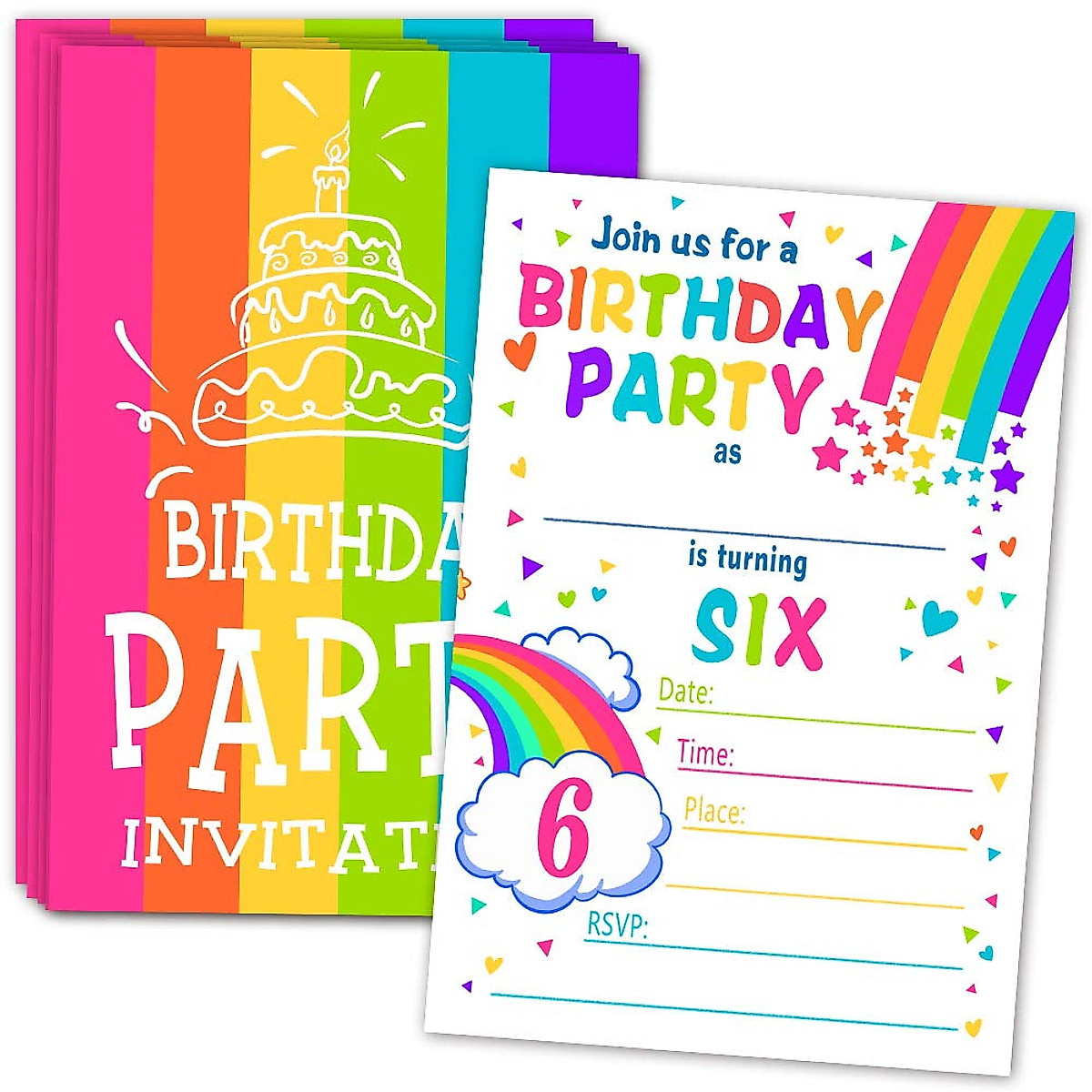 ukebobo Rainbow Happy Birthday Party Invitations for Child’s 6th Birthday Party – Colorful Invitation with Envelopes for Kids 6th Birthday Party – 20 Cards With Envelopes