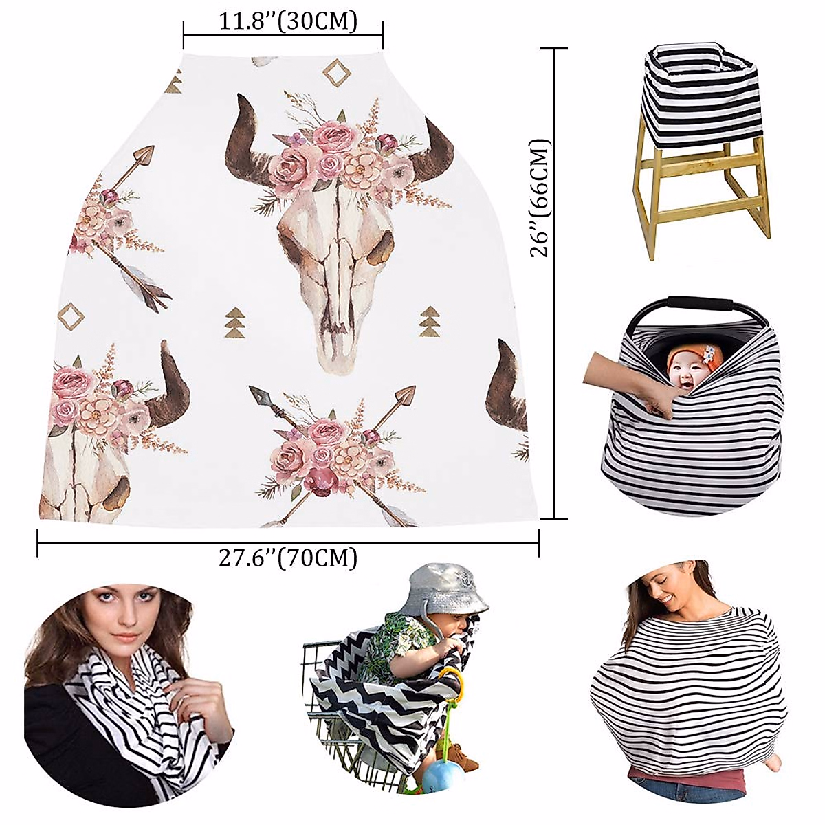 Car Seat Canopy Nursy Cover, Cow Head Skull with Pink Flowers and Arrows Multi Use Breastfeeding Scarf for Infant Carseat Canopy, Stroller, Shopping Cart, Highchair