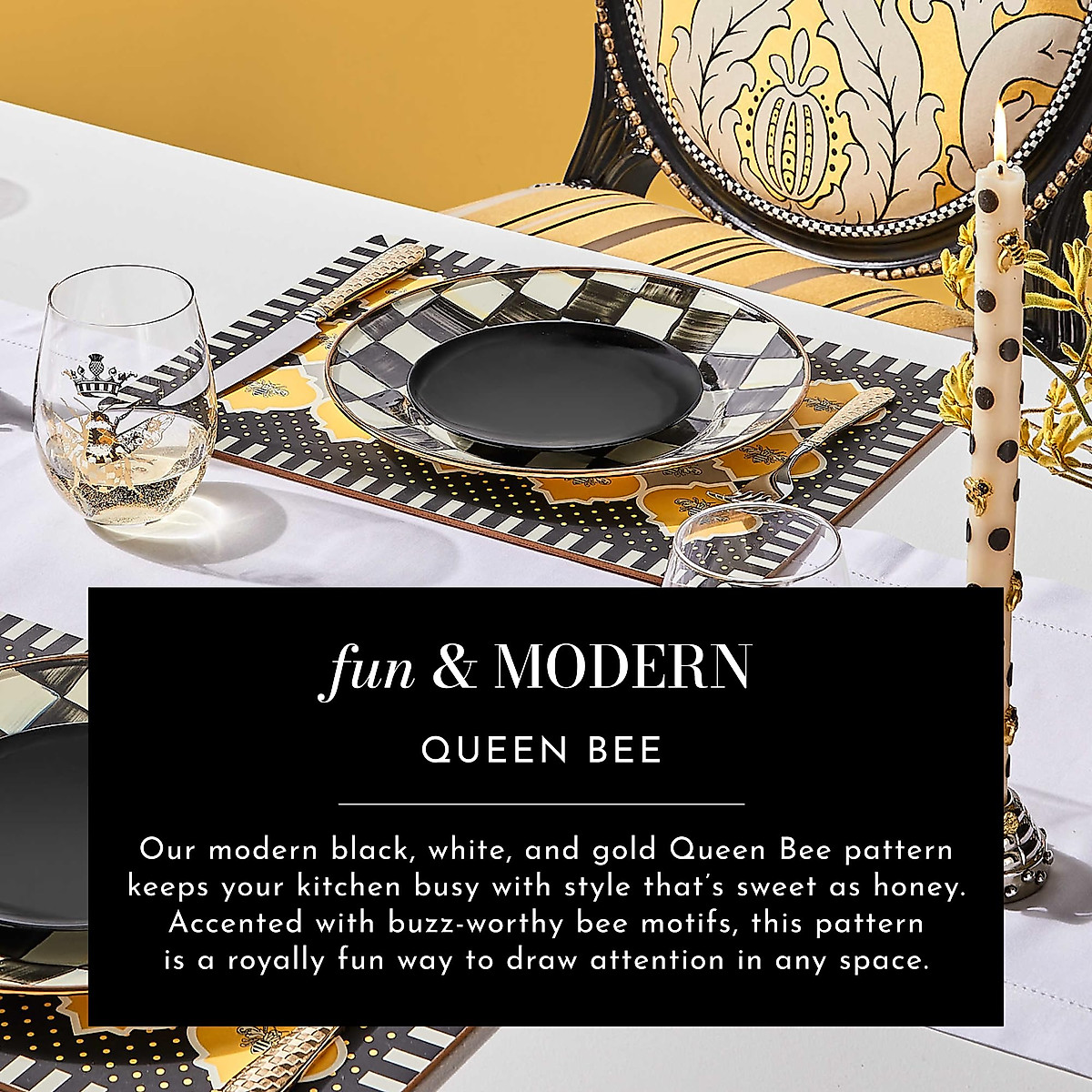 MACKENZIE-CHILDS Queen Bee Stemless Wine Glasses, Bee Drinking Glasses, Decorative Wine Glasses, Set of 4