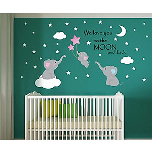Family Elephant Wall Decal Baby Nursery Decor Kids Room Wall Stickers Large Cute Lovely Elephant Decals with Moon Stars Quote Home Decorations Love You to The Moon and Back 60''W x48''H