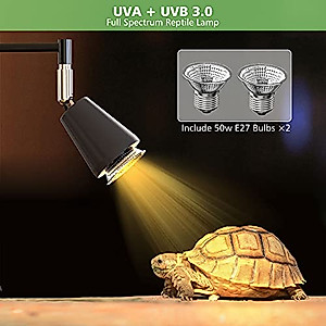 SILICAR Reptile Heat Lamp, UVA UVB Habitat Basking Lamp, Turtle Aquarium Tank Heating Lamp with Clamp, 360° Rotatable Adjustable Brightness Heating Light Metal Stand with 2 Heat Bulbs (E27, 50W)