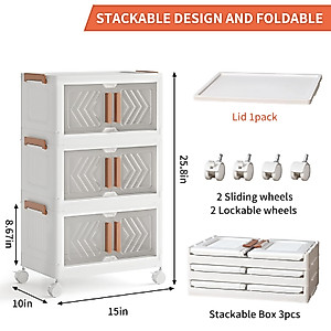 Fixwal 23QT Stackable Storage Bins, Plastic Drawer Storage, Foldable Closet Organizers and Storage with Shelves and Lockable Wheels, Box Cabinet Containers for Toy Organization, Bedroom, 3 PACK Cubes
