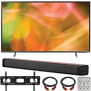 SAMSUNG UN50AU8000 50 Inch UHD 4K Crystal UHD Smart LED TV Bundle with Deco Home 60W 2.0 Channel Soundbar, 37-70 inch TV Wall Mount Bracket Bundle and 6-Outlet Surge Adapter