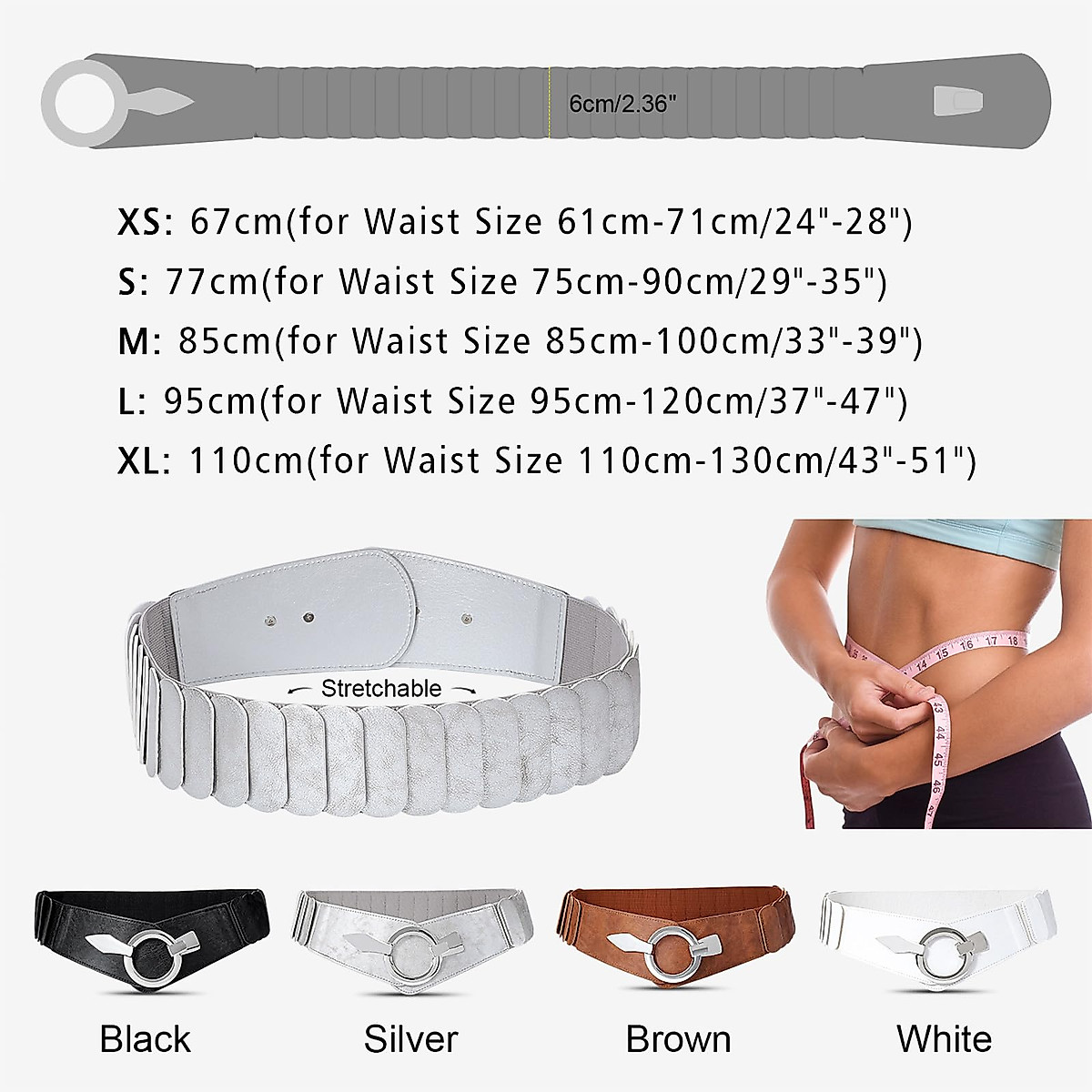 WHIPPY Women Wide Elastic Waist Belt Vintage Wide Stretch Waist Belt Fashion Retro Leather Waistband for Dresses, Silver, S