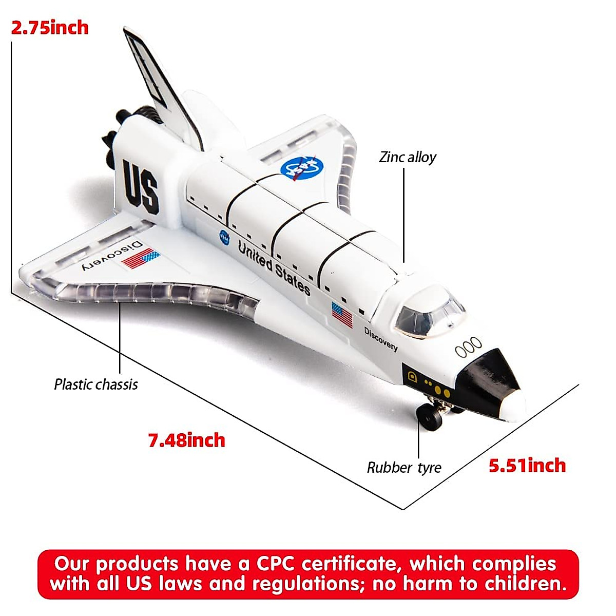 TGRCM-CZ 8'' Space Shuttle,US Discovery Airplane Toys, Alloy Pull Back Aircraft Model with Base LED Light and Sound, Display Plane for Boys Girls Adults Outdoor Games and Decoration, White