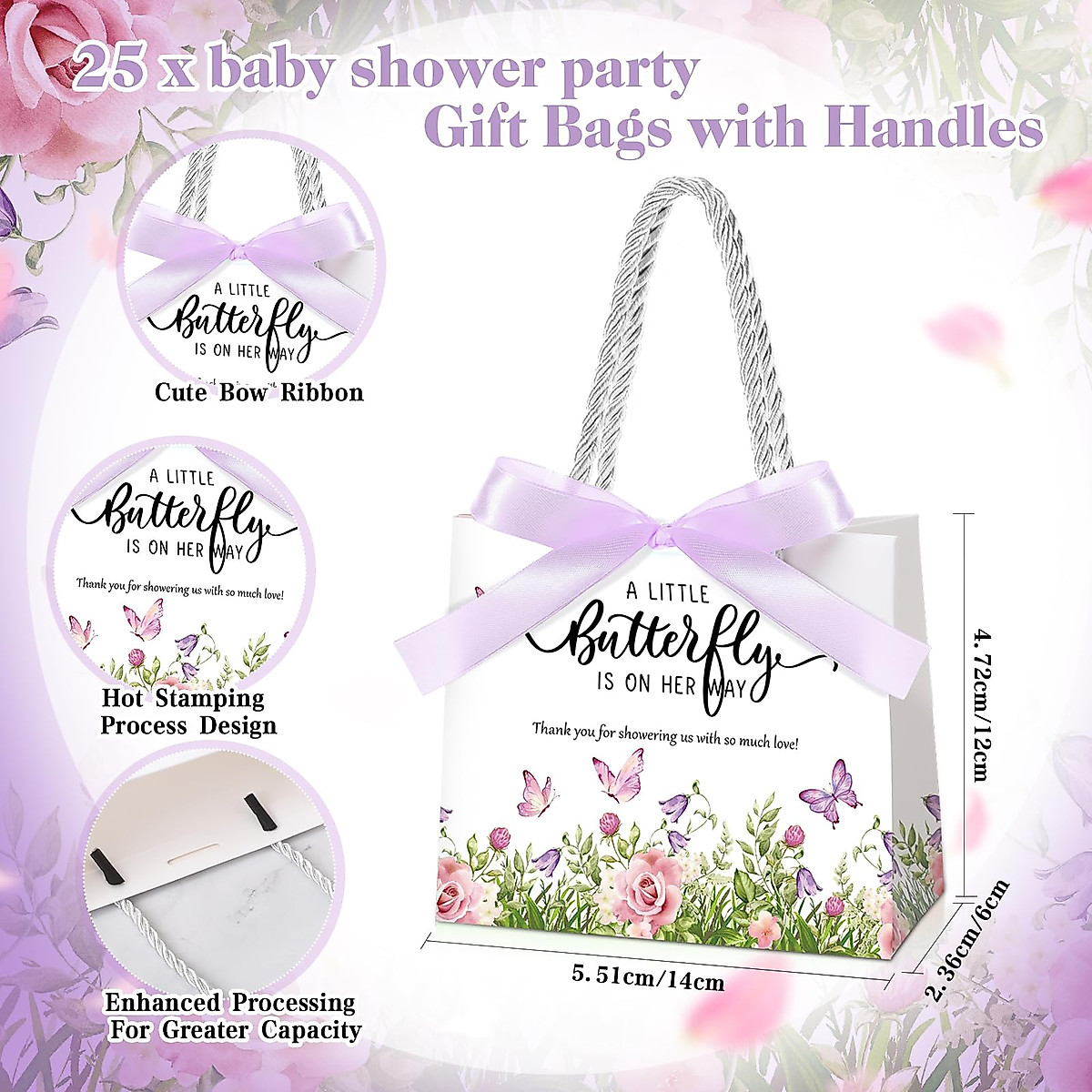 Spakon 25 Pack Butterfly Baby Shower Party Favors Butterfly Gift Bags Butterfly Goodie Bags Butterfly Party Bags with Handles and Bow Ribbon Baby Shower Party Gift Bag for Baby Shower Return Gift