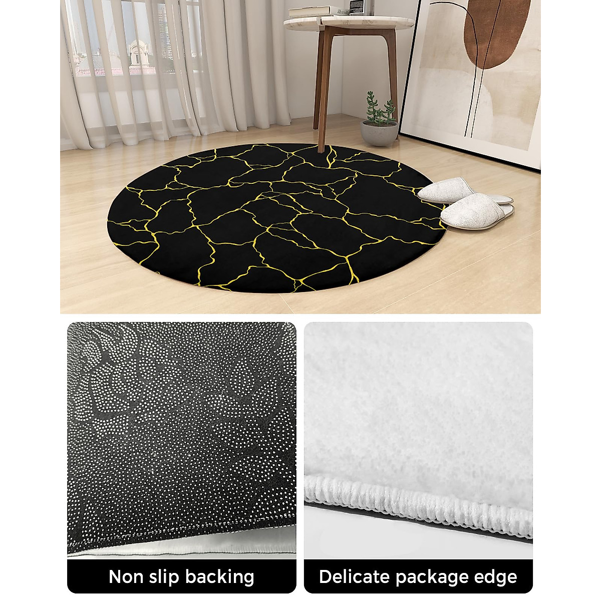 Black Gold Fluffy Round Area Rug Carpets 4ft, Plush Shaggy Carpet Soft Circular Rugs, Non-Slip Fuzzy Accent Floor Mat for Living Room Bedroom Nursery Home Decor Modern Geometric Abstract Art
