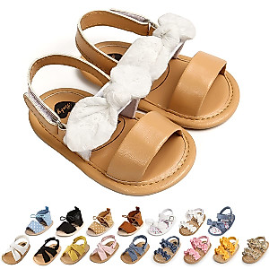 Ohwawadi Baby Girls Sandals Wedding Dress Mary Jane Flats Bowknot Princess Infant Shoes Soft Summer Newborn Crib Shoes First Walkers Prewalker Shoe