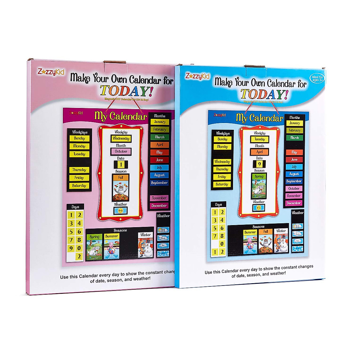 ZazzyKid Magnetic Calendar & Weather Chart for Kids - Preschool Daily Calendar Learning for Days of the Week, Months, Weather & Season Pink