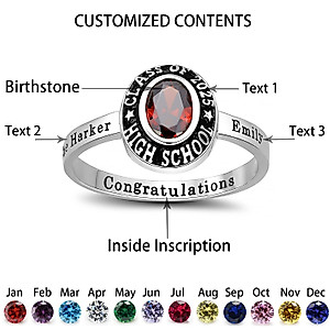 Ccjcinata 925 Sterling Silver Class Rings for Women High School Cubic Zirconia Birthstone Rings Personalized Custom Rings Women's Class Rings Size 5-15 Graduation Rings for Women