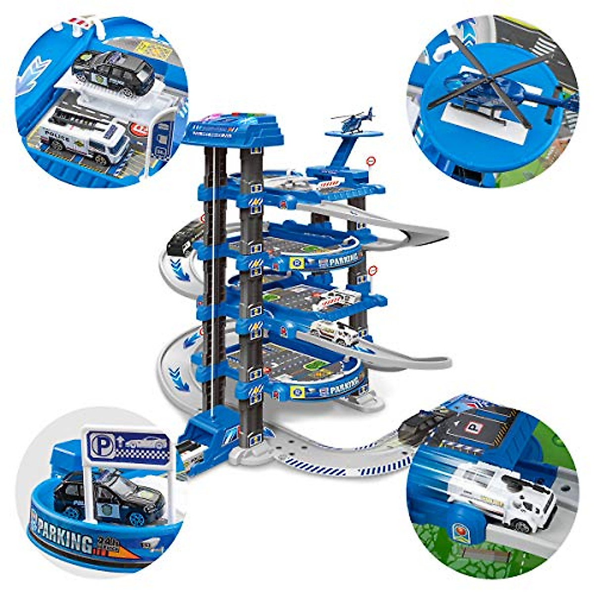 UNIH Kids Garage Toy Set, Toy Vehicle Garage for Toddlers, Race Car Ramp Track Toy, Parking Garage Playset Toy with Play Mat(Blue)