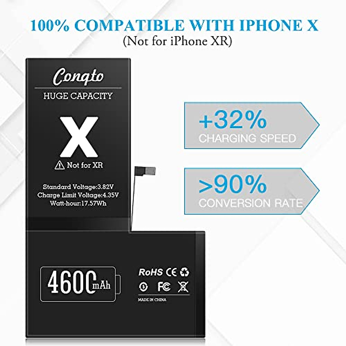 [4600mAh] Battery for iPhone X, (2023 New Version)Conqto New Upgrade 0 Cycle Ultra High Capacity Battery Replacement for iPhone X Model A1865, A1901, A1902 with Full Set Professional Repair Tool Kits