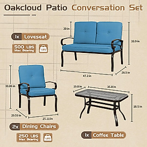 Oakmont 5Pcs Outdoor Furniture Patio Conversation Sets Loveseat, 2 Motion Spring Chairs with Coffee Table, Metal Frame Chair Set (Peacock Blue)