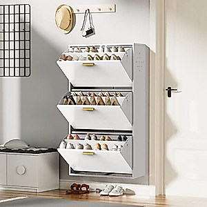 WIILAYOK Shoe Cabinet, Freestanding/Wall Mounted Shoe Storage Cabinet Organizer with 3 Flip Drawers and Internal Adjustable Shelves, Metal Shoe Rack Cabinet for Entryway, Hallways, Closet (White)