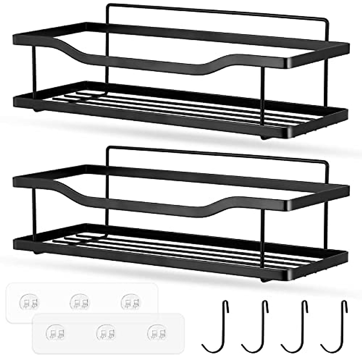 Pisman Shower Caddy,Bathroom Organizer,2 Pack Adhesive Shower Shelves with Hooks,Black Shower Rack for Bathroom/Toilet/Kitchen etc (Matte Black 2 Pack)