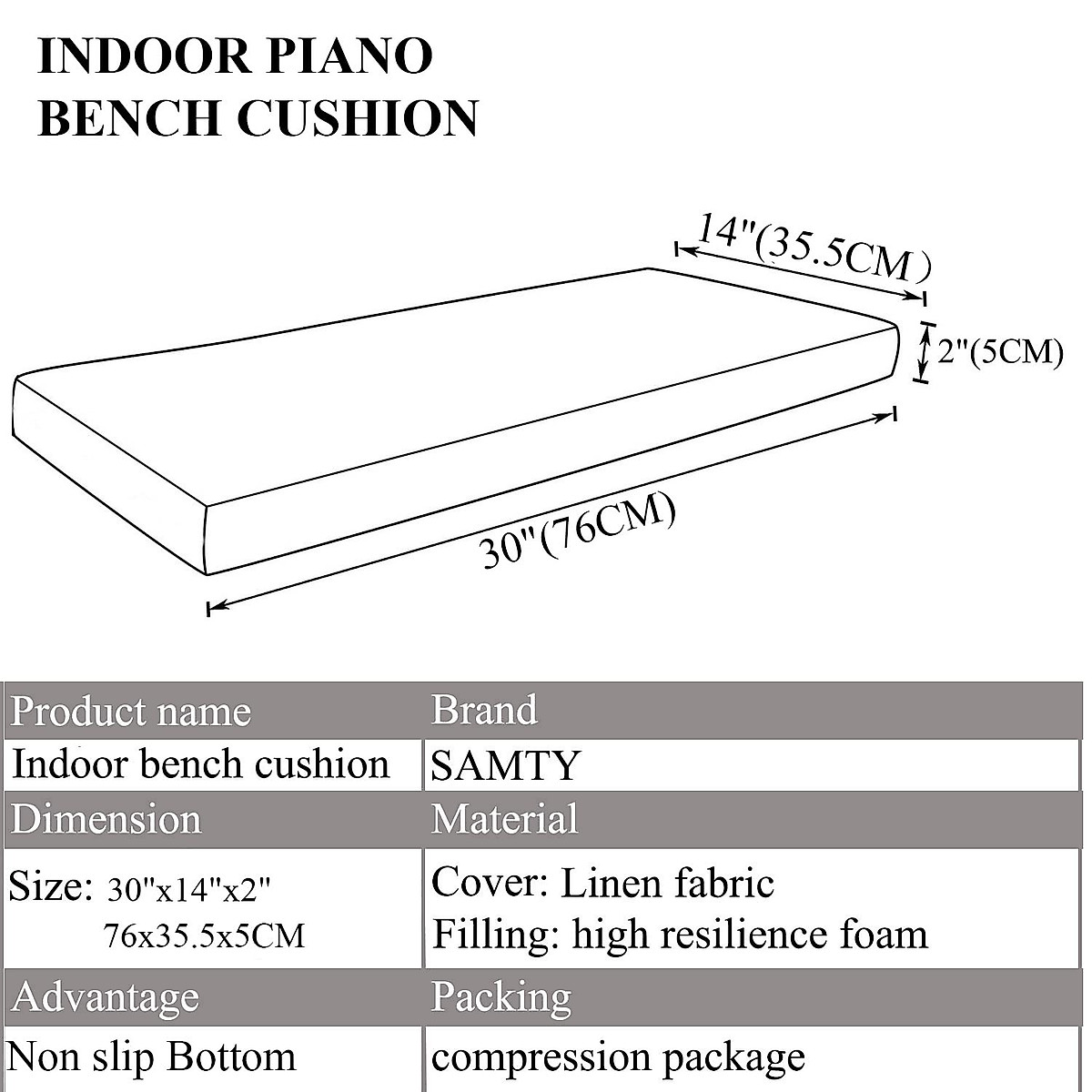 Piano Bench Cushions with Non Slip for Indoor Shoe Storage, Window Seat, Patio Seating, Dining Settee Bench Pad 30x14 inch, Khaki