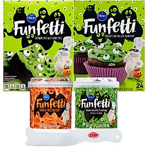 Pillsbury Funfetti Halloween Bundle, 1 of each Chocolate Slime Cake Mix, Slime Brownie Mix, Green Vanilla and Orange Vanilla Frosting with Sprinkles (Pack of 4) with By The Cup Spreader