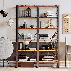 IRONCK Bookshelf, Double Wide 6-Tier Open Bookcase Vintage Industrial Large Shelves for Home Decor Display, Office Furniture