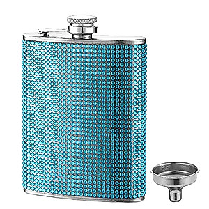 FYL Hip Flask for Liquor, Blue Glitter Flask 8oz with Never-Lose Cap