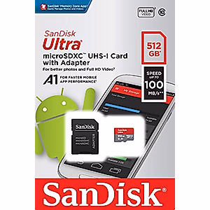 SanDisk 512GB Ultra MicroSDXC UHS-I Memory Card with Adapter - 100MB/s, C10, U1, Full HD, A1, Micro SD Card - SDSQUAR-512G-GN6MA