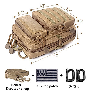 Tactical Molle Pouch Compact EDC Tool Pouch Bag Mini Utility Pouch with US Flag Patch, Shoulder Strap & Two D-Rings (Tan)