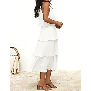 ZESICA Women's 2025 Summer Sleeveless Halter Neck Ruffle Tiered Layed Chiffon Flowy Swing Long Midi Dress,White,Small