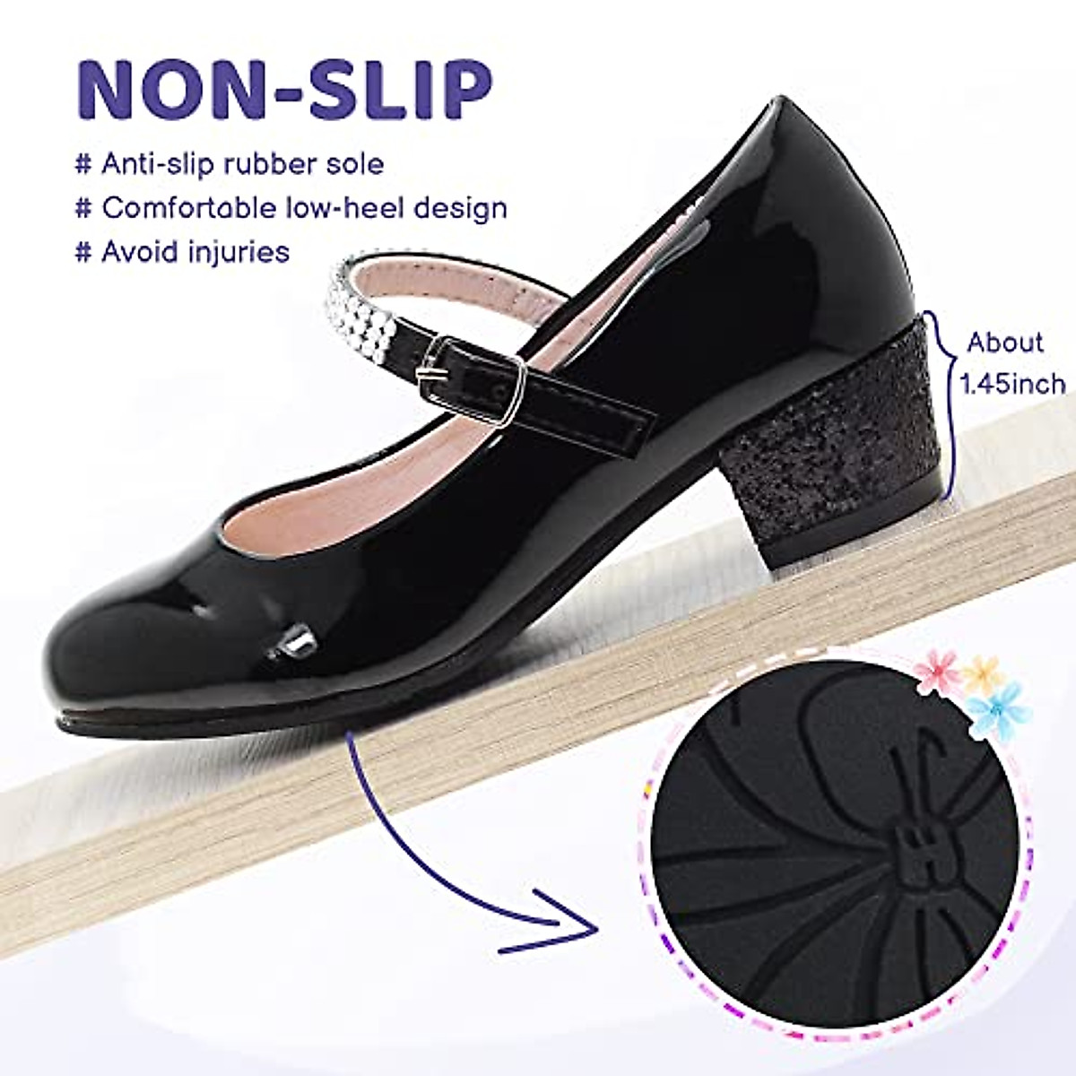 LseLom Girls Dress Shoes with Rhinestone Mary Janes for Girls Hook and Loop Party Sparkly Heels Shoes Black Big Kid 2