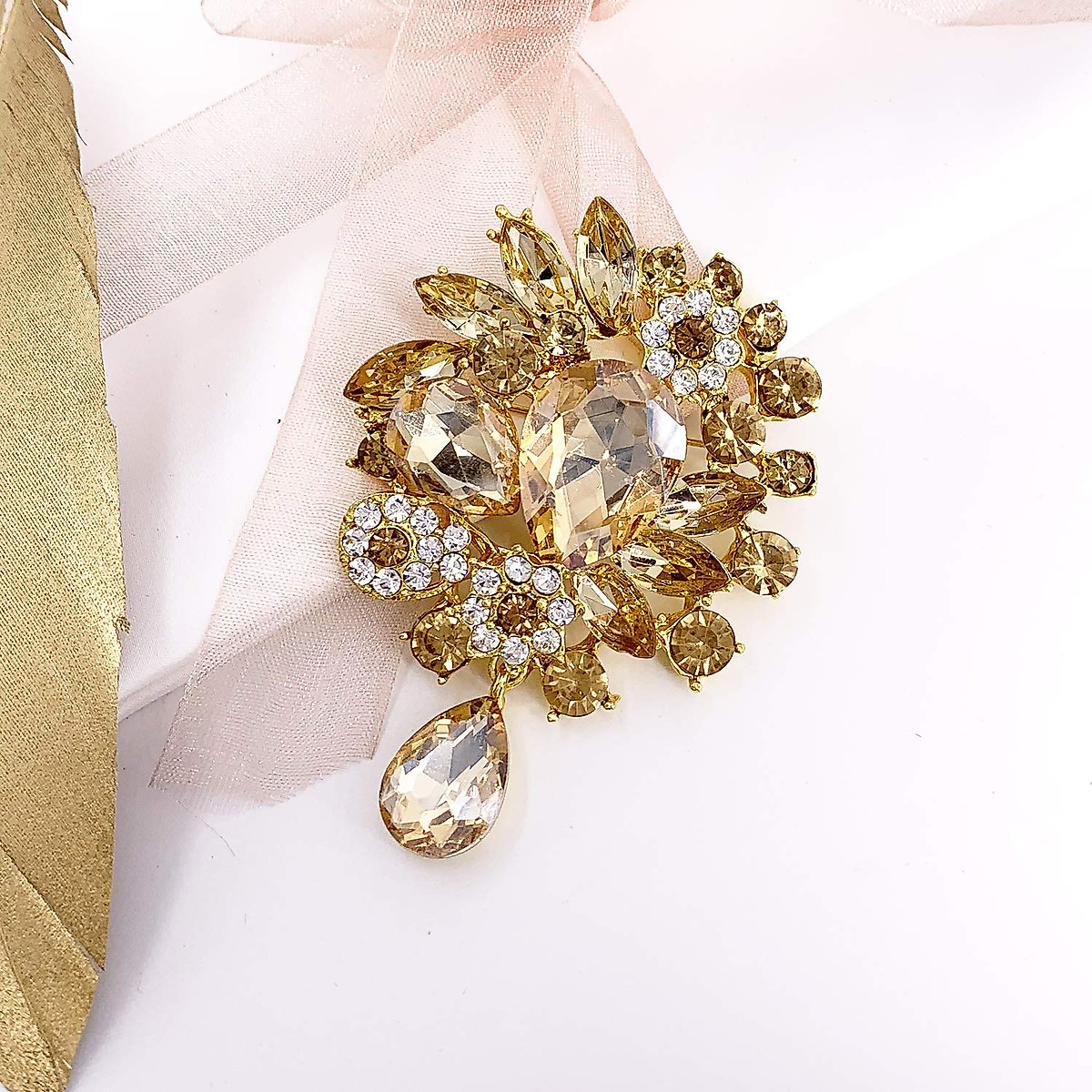 LAXPICOL Vintage Wedding Bridal Big Clear Champagne Crystal Rhinestone Tear Drop Brooch Pin for Women