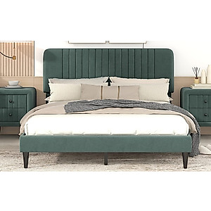 OPTOUGH Queen Upholstered Platform Bed with Headboard, Velvet Queen Size Bed Frame with Wooden Slats/Noise-Free/No Box Spring Needed, Green