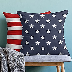 Gohdiwh 4th of July Throw Pillow Cover, 20x20 Inch Set of 2 Red Stripes Blue Stars Patriotic Decorative Outdoor Cushion Cover Memorial Independence Day Pillow Cases Linen Farmhouse for Sofa Couch Bed