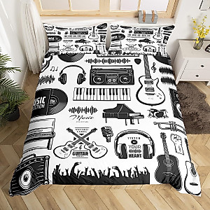 Erosebridal Musical Instruments Duvet Cover Twin Classical Piano Bedding Set, Black and White Comforter Cover Vintage Radio Vinyl Record Bed Set, Microphone Headset Bedding 2pcs (Zipper Closure)