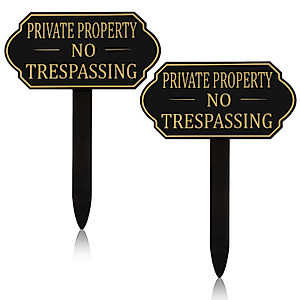 Private Property No Trespassing Sign, 7.09 x 3.54 Inches Self Adhesive Modern Design No Trespassing Sign with Stake Garden Statement Plaque Warning Signs for Garden Indoor Outdoor Use (2 Set)