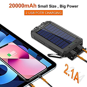 Solar Charger, Leaboat 20000mAh Portable Outdoor Waterproof Solar Power Bank, Camping External Backup Battery Pack Dual 5V USB Ports Output, 2 Led Light Flashlight with Compass (Black)