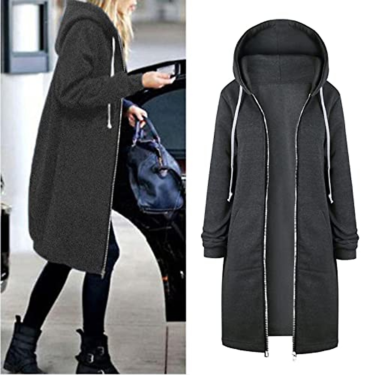 Zip Up Hoodies Women's Casual Long Tunic Sweatshirt Fall Winter Windproof Drawstring Hooded Jacket Outerwear with Pockets