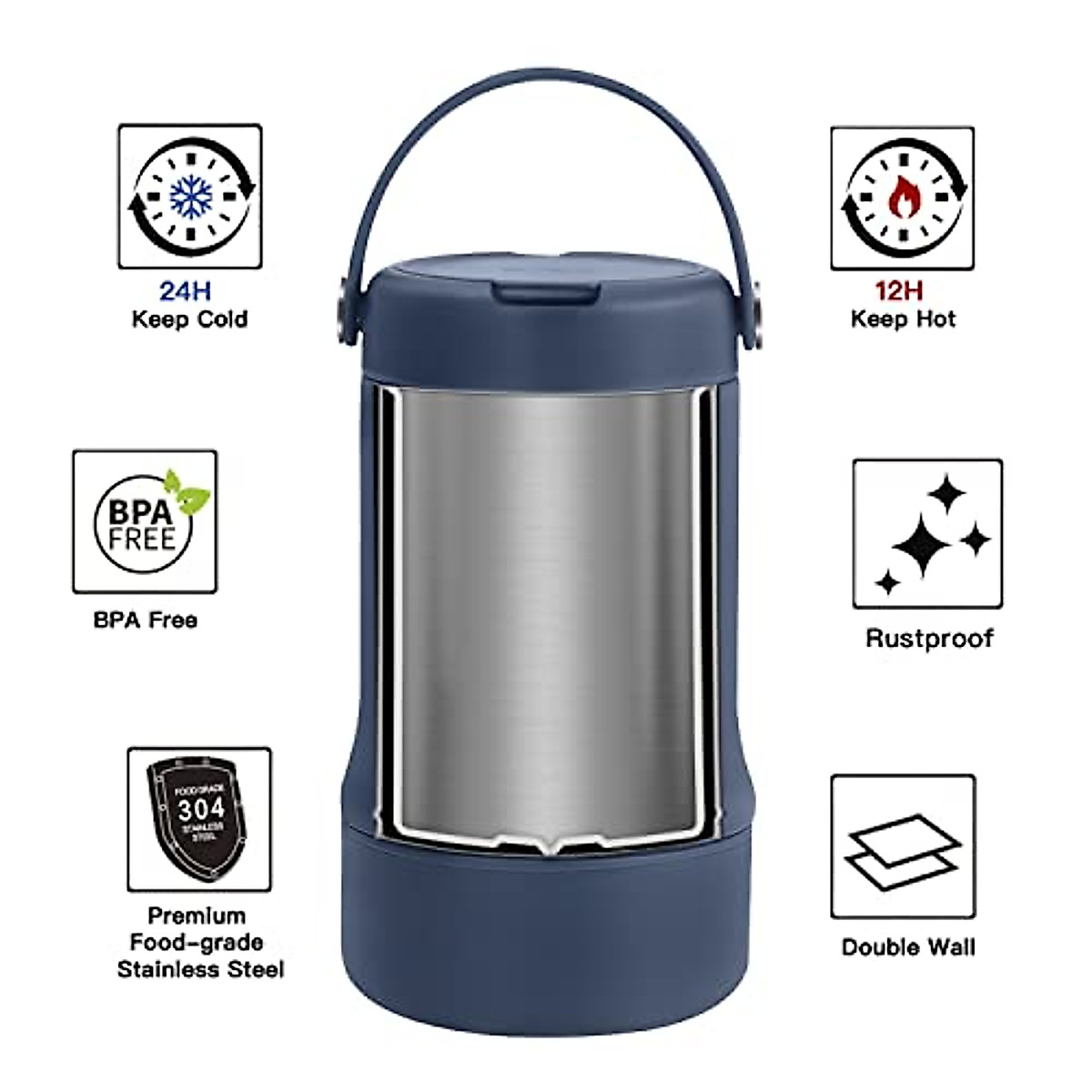 Ideus 20 oz Insulated Food Jar, Stainless Steel Vacuum Thermal Lunch Box Soup Thermoses with Folding Spoon, Leakproof Food Container for School Office Picnic Travel Camping, Navy Blue